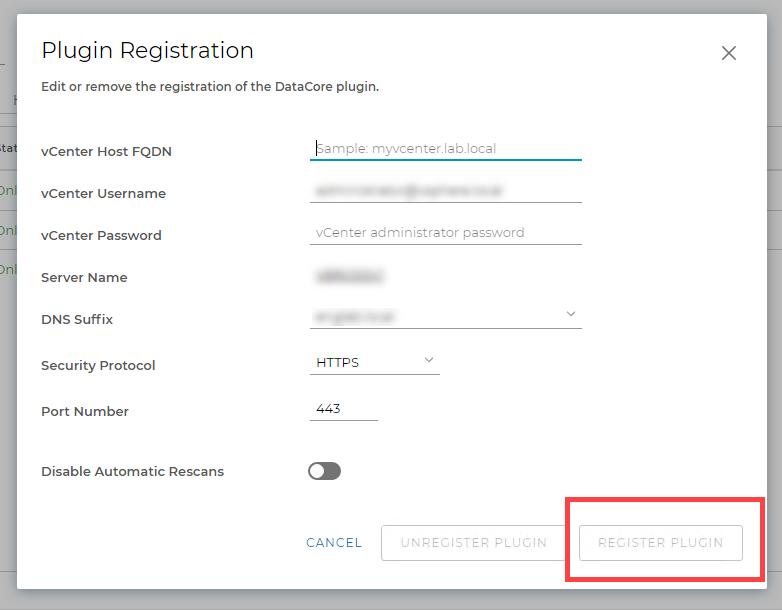 Registering the DataCore Plug-in