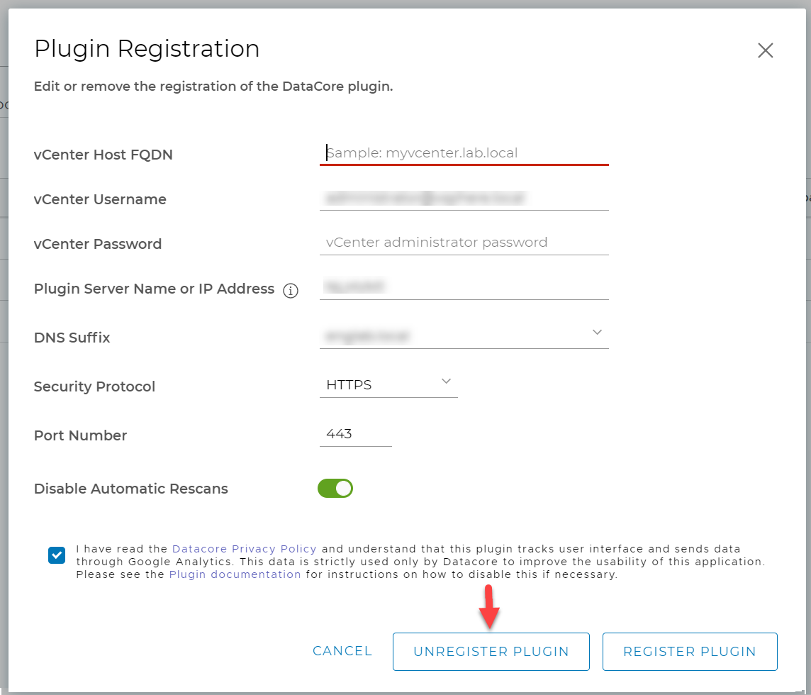 Unregistering the DataCore Plug-in